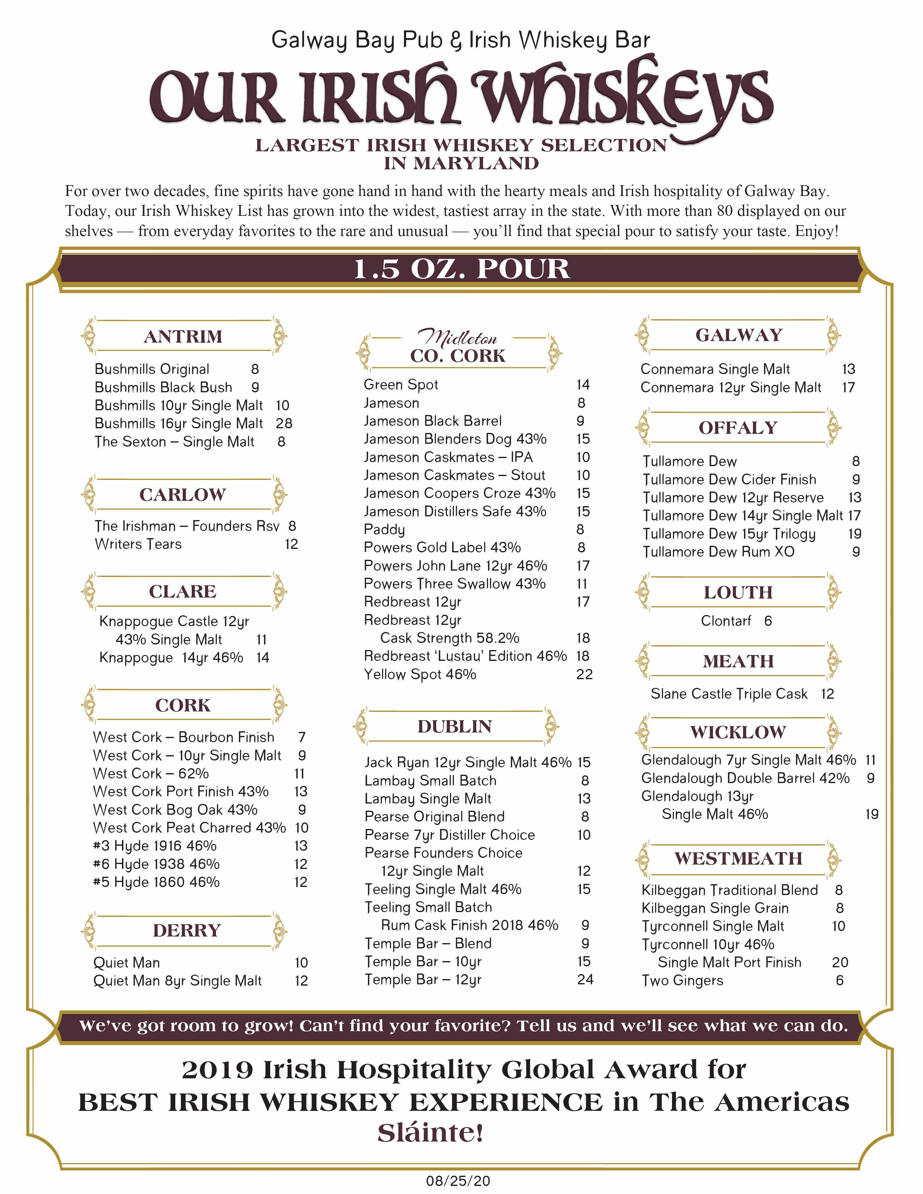 Irish Whiskey Menu